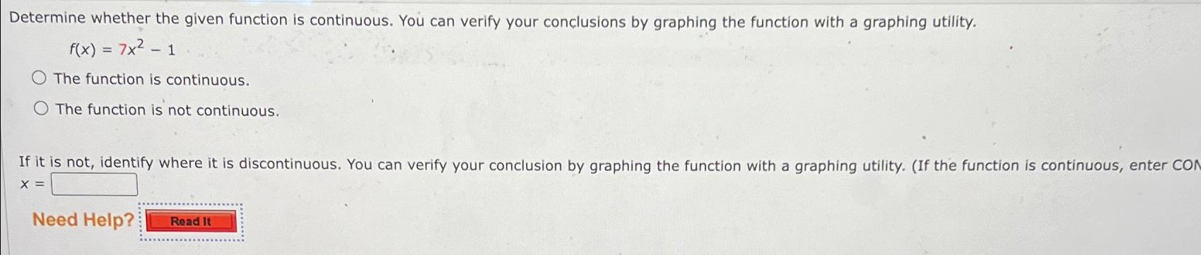 Solved Determine whether the given function is continuous. | Chegg.com