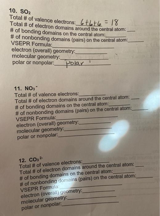 Solved 10. SO2 Total # of valence electrons: 6+6+6 = 18 | Chegg.com
