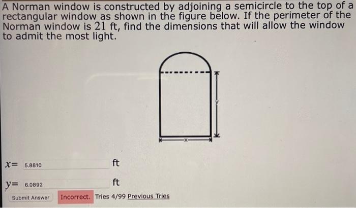 Solved A Norman window is constructed by adjoining a | Chegg.com