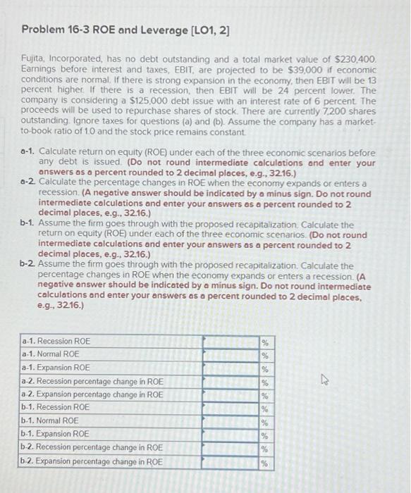 Solved Problem 16-3 ROE and Leverage [LO1, 2] Fujita, | Chegg.com