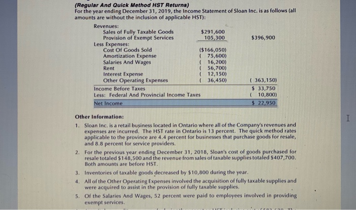 (Regular And Quick Method HST Returns) For the year | Chegg.com