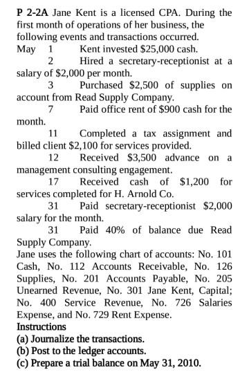 Solved 17 P 2-2A Jane Kent is a licensed CPA. During the | Chegg.com