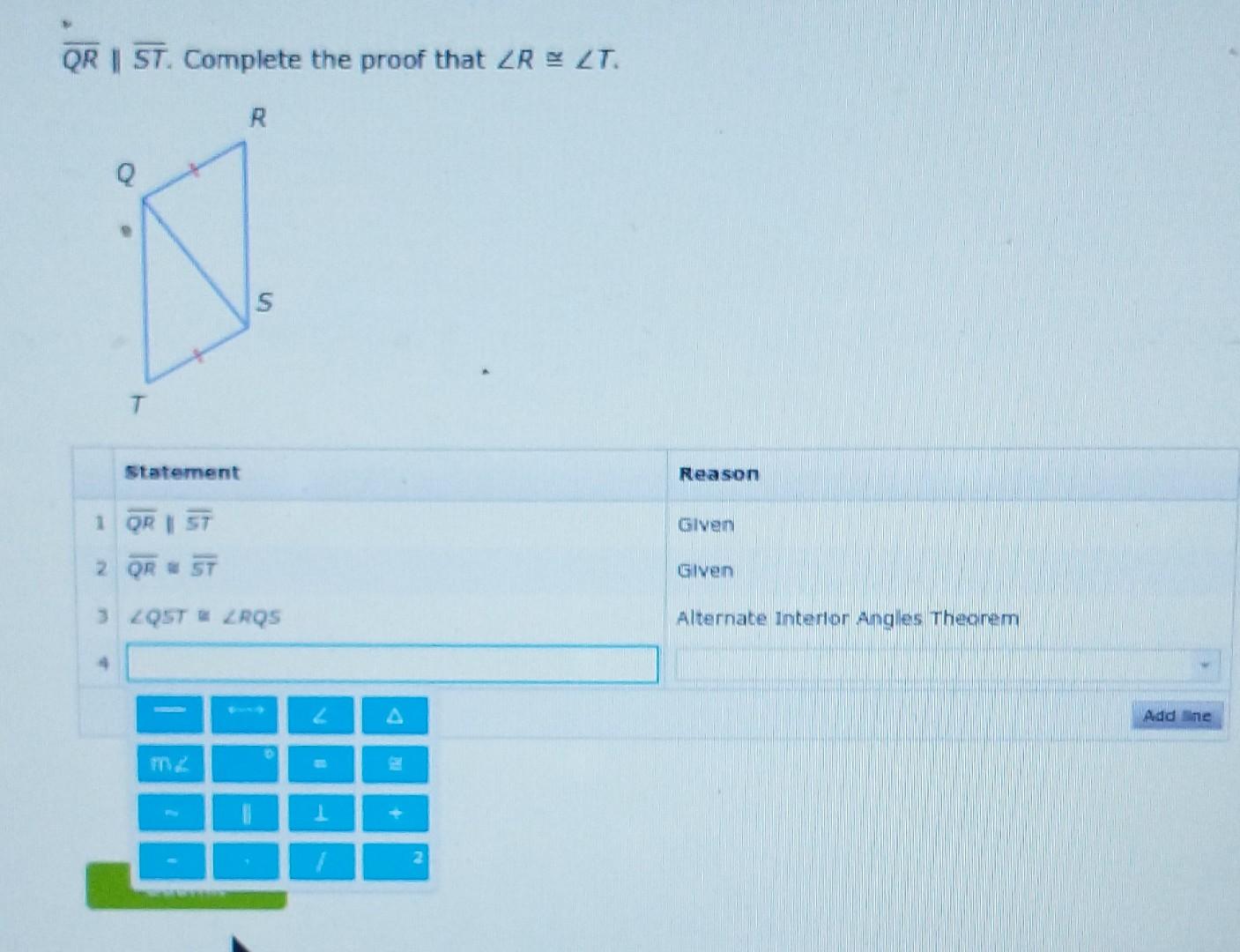 Solved QR is parallel to ST. Complete the proof that angle R | Chegg.com