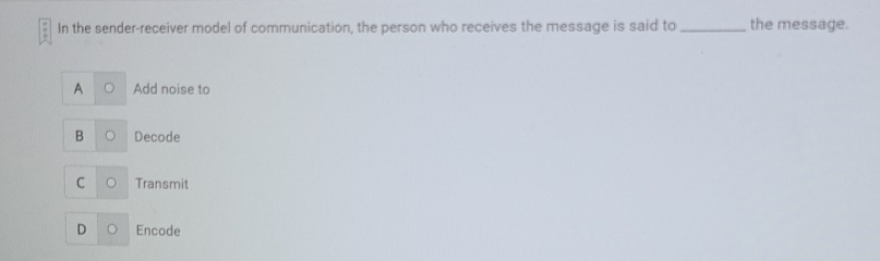 Solved In the sender-receiver model of communication, the | Chegg.com