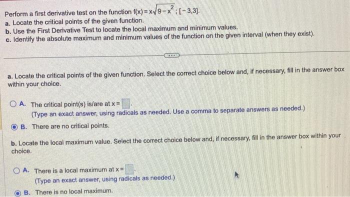 Solved Perform a first derivative test on the function | Chegg.com