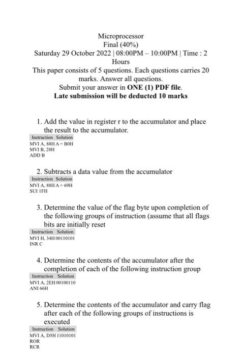 Solved Microprocessor Final (40%) Saturday 29 October 2022∣ | Chegg.com