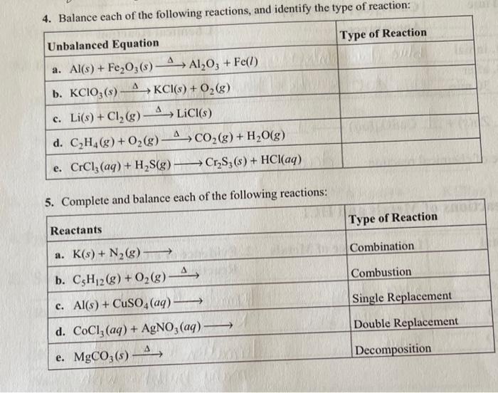 Solved 4 Balance Each Of The Following Reactions And