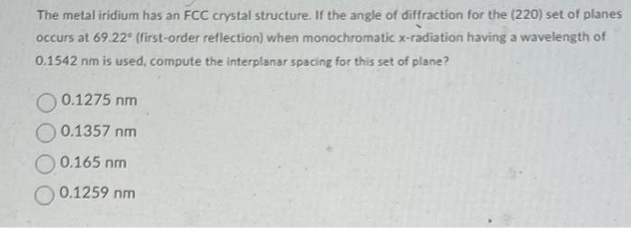 Solved The metal iridium has an FCC crystal structure. If | Chegg.com