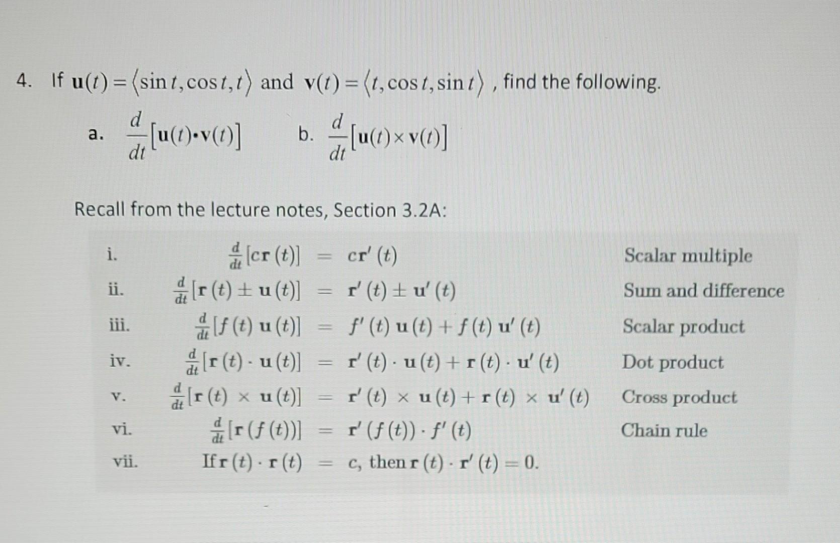 Solved 4 If U T Sint Cost T And V T T Cost Sint Find