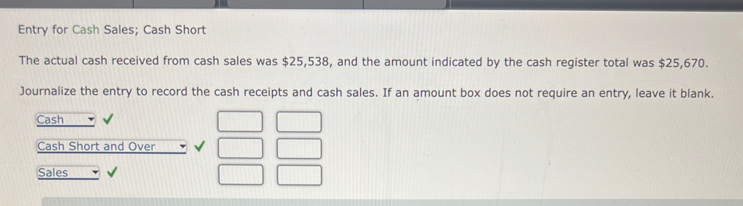 Entry for Cash Sales; Cash ShortThe actual cash | Chegg.com