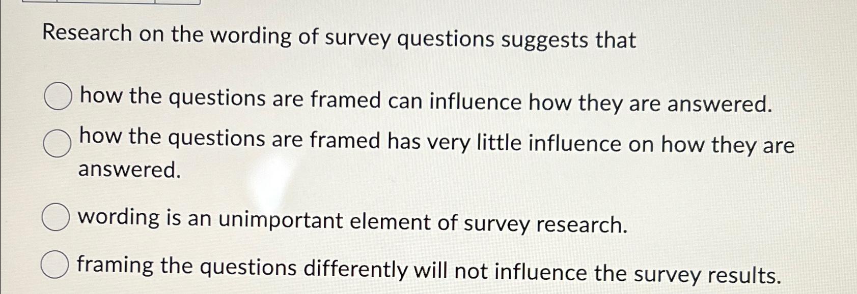 Solved Research on the wording of survey questions suggests | Chegg.com