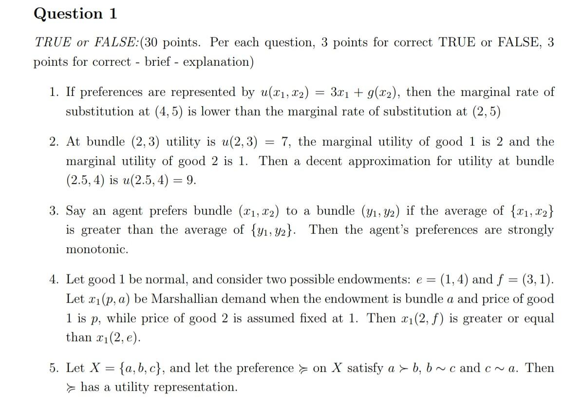 Solved Question 1 TRUE or FALSE:(30 points. Per each | Chegg.com