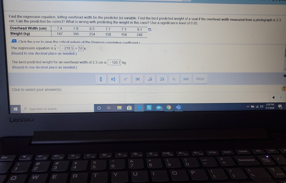 Solved Find the regression equation, letting overhead width | Chegg.com