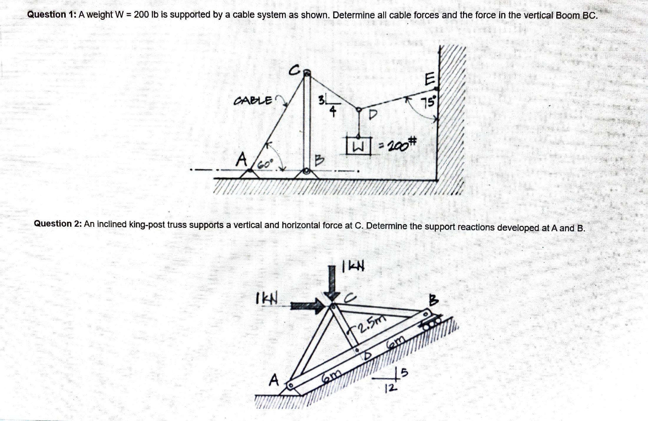 Solved Question 1: A weight W = 200lb ﻿is supported by a | Chegg.com