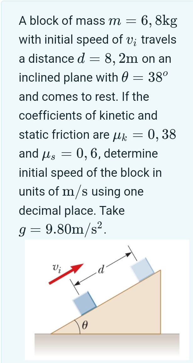 Solved A block of mass m=6,8kg ﻿with initial speed of vi | Chegg.com