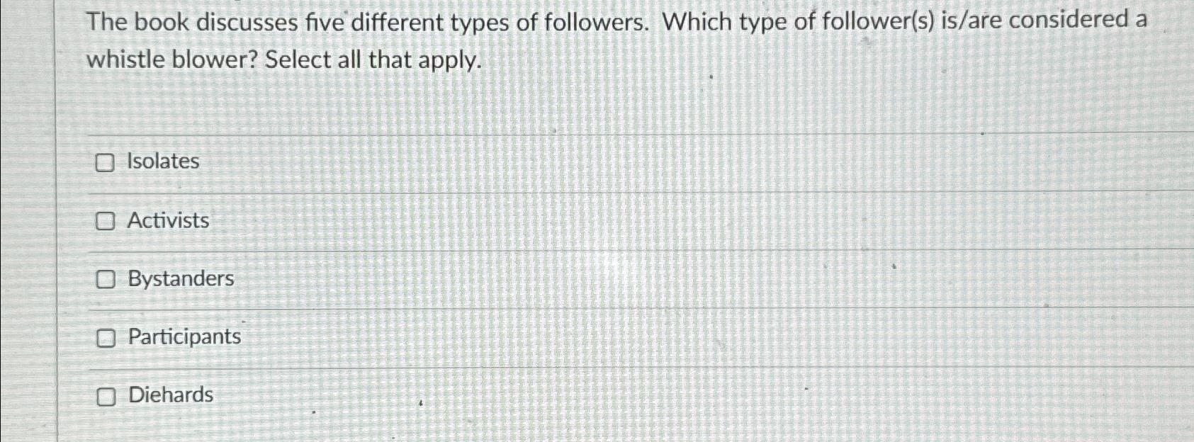 Solved The book discusses five different types of followers. | Chegg.com