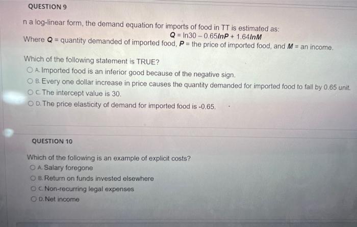 Solved n a log-linear form, the demand equation for imports | Chegg.com