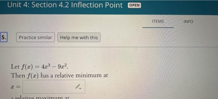 Solved Let f(x)=4x3−9x2. Then f(x) has a relative minimum at | Chegg.com