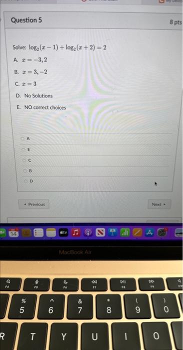 Solved Solve: log2(x−1)+log2(x+2)=2 A. x=−3,2 B. x=3,−2 C. | Chegg.com