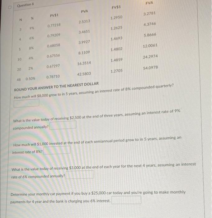 Solved FVA D Question 6 FV51 PVA PVS1 3.2781 % 1.2950 N | Chegg.com