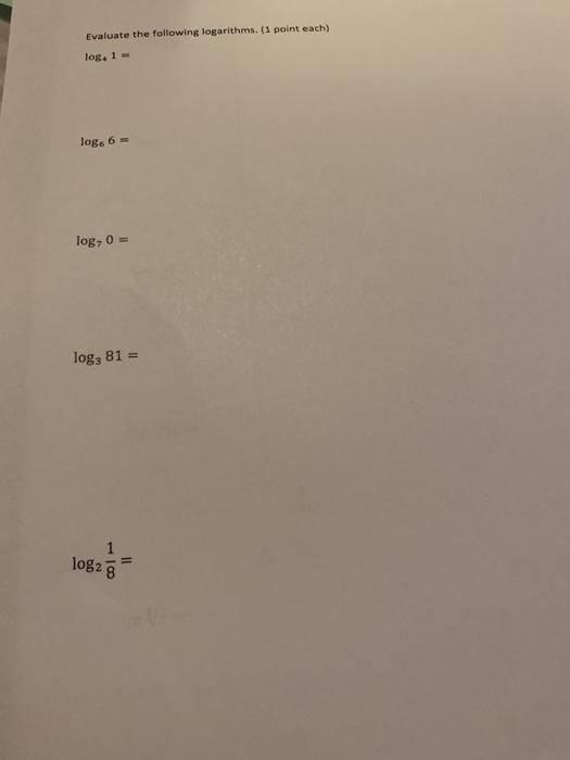 Solved Evaluate the following logarithms. (1 point each) | Chegg.com