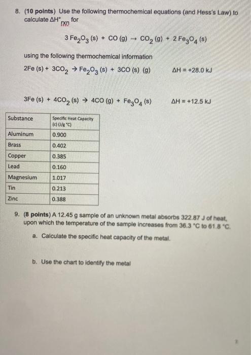 Solved 8. (10 points) Use the following thermochemical | Chegg.com
