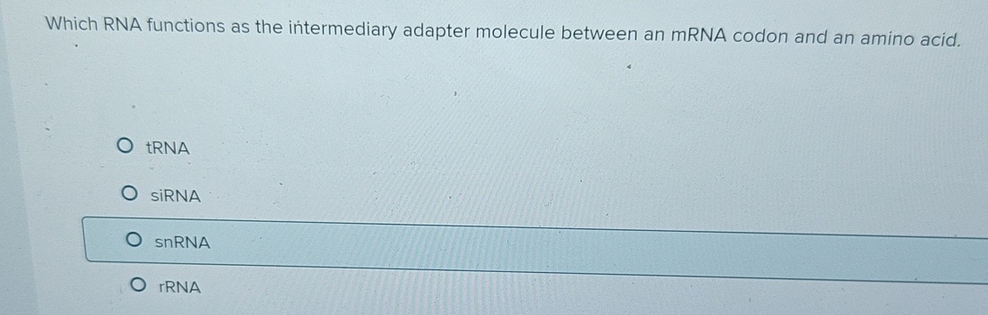 Solved Which RNA functions as the intermediary adapter | Chegg.com