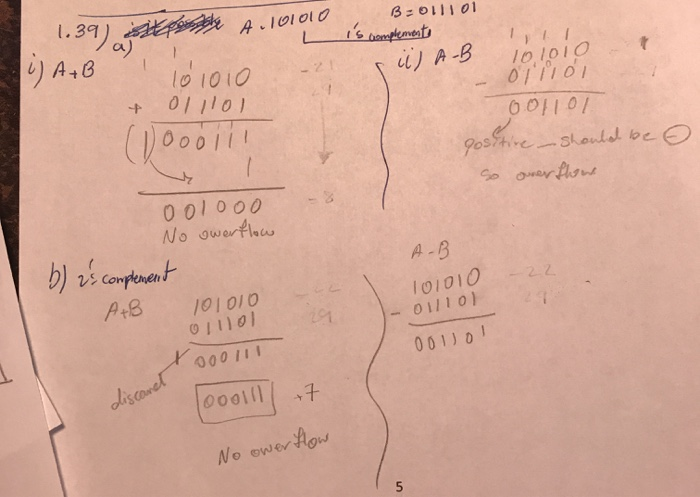 Solved 1.39 (a) A = 101010 and B = 011101 are 1's complement | Chegg.com