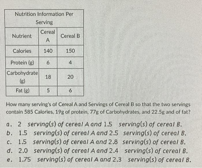 Solved How many serving's of Cereal A and Servings of Cereal | Chegg.com