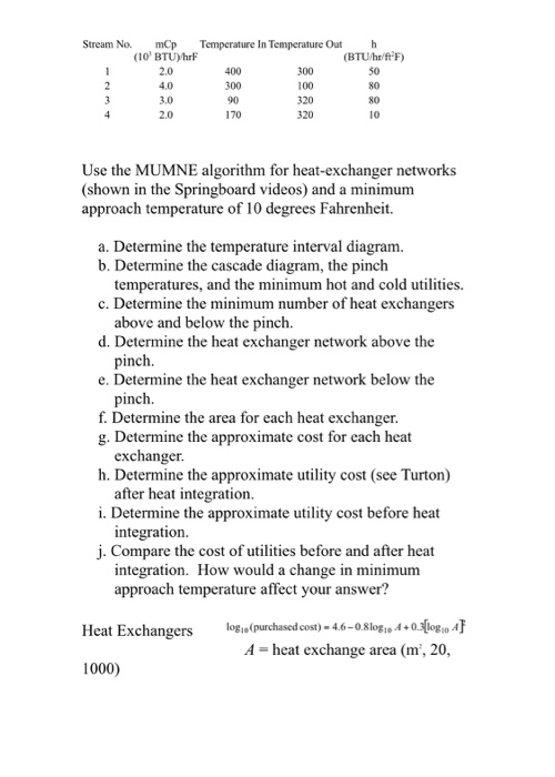 Stream No. mCp Temperature In Temperature Out h (10 | Chegg.com