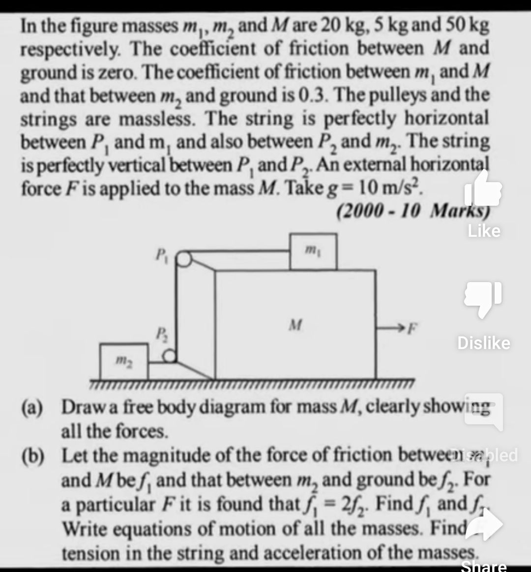 Solved In the figure masses m1,m2 ﻿and M ﻿are 20kg,5kg ﻿and | Chegg.com