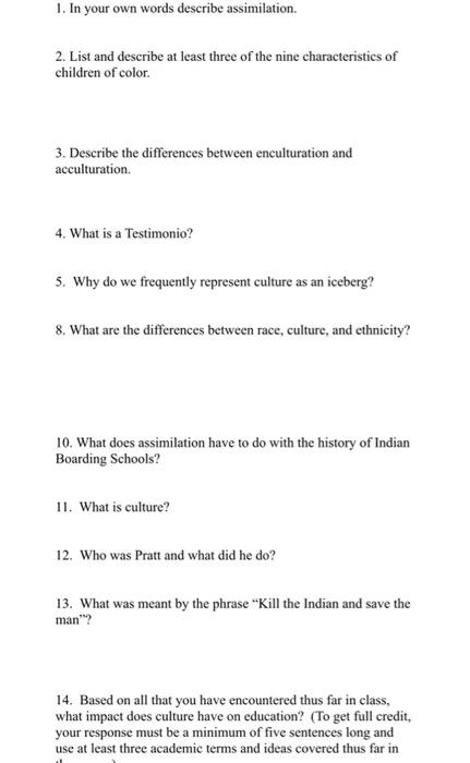 Solved 1. In your own words describe assimilation. 2. List | Chegg.com