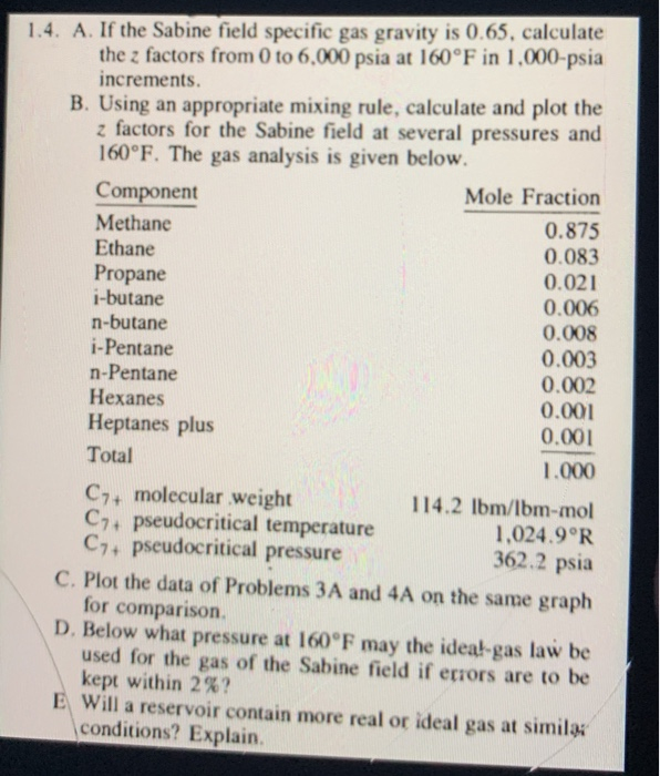 1.4. A. If the Sabine field specific gas gravity is | Chegg.com