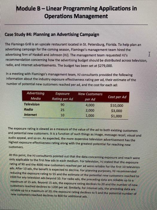 Solved Case Study #4 - linear Programming - Planning an | Chegg.com