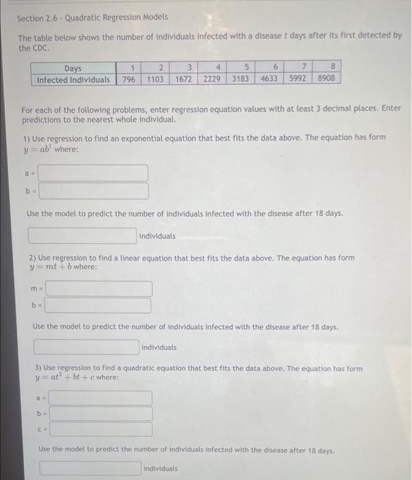 Solved Section 2.6 - Quadratic Regression Models The table | Chegg.com