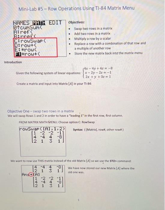 Solved Mini-Lab #5 - Row Operations Using TI-84 Matrix Menu | Chegg.com