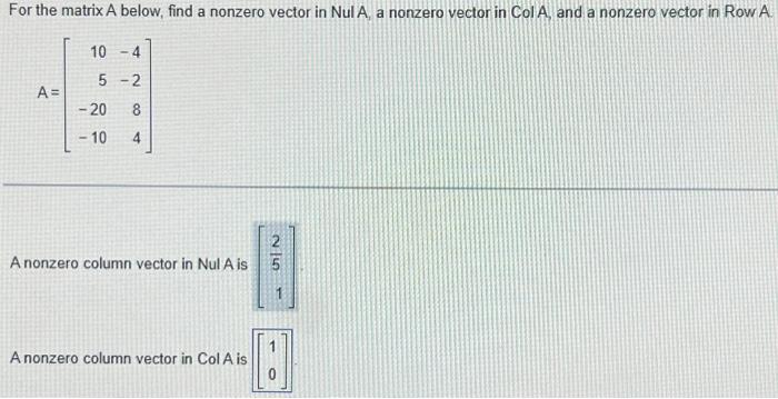 Solved need to answer for column vector in ColA plz!For the | Chegg.com