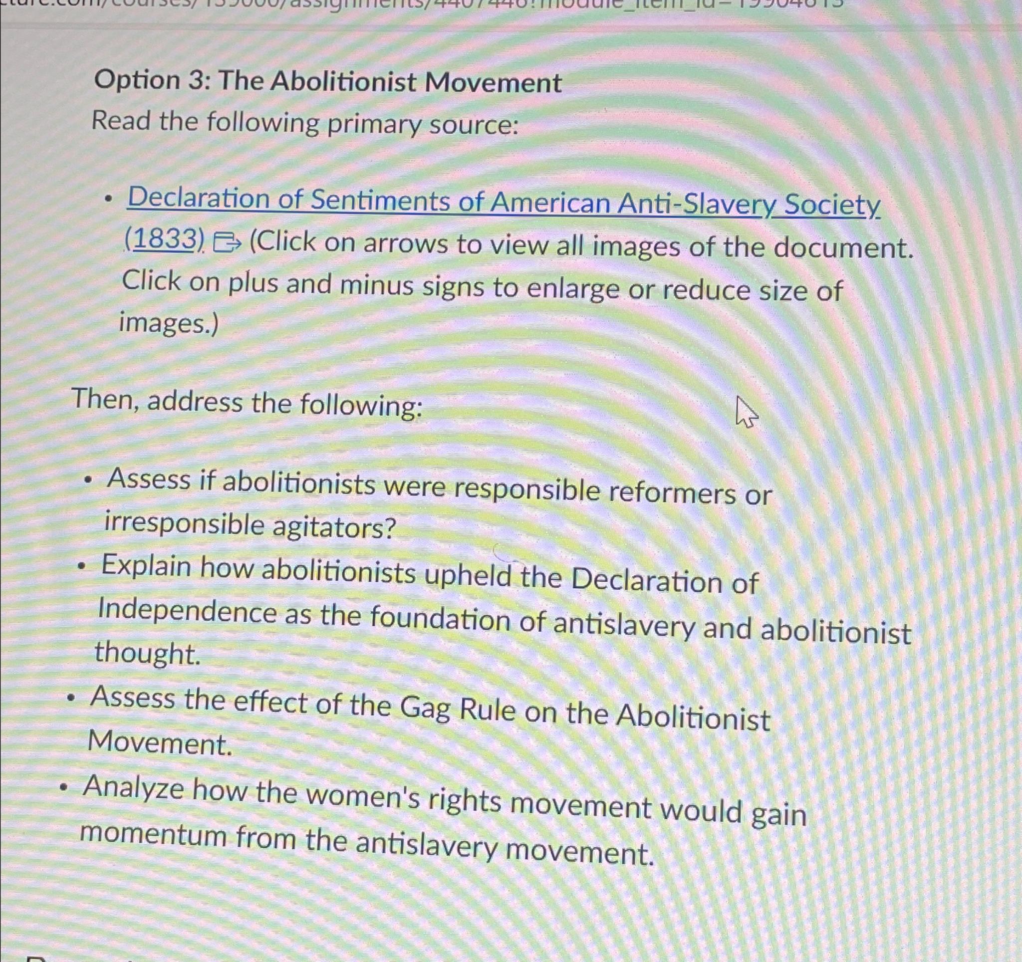 Solved Option 3: The Abolitionist MovementRead the following | Chegg.com