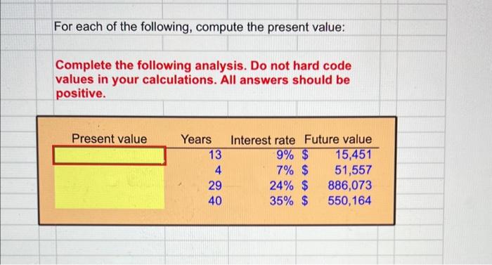 Solved For each of the following, compute the present value: | Chegg.com