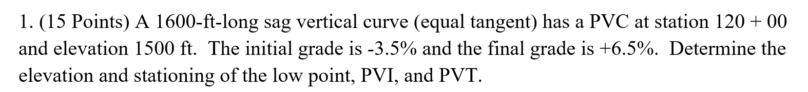 Solved (15 ﻿Points) ﻿A 1600-ft-long sag vertical curve | Chegg.com