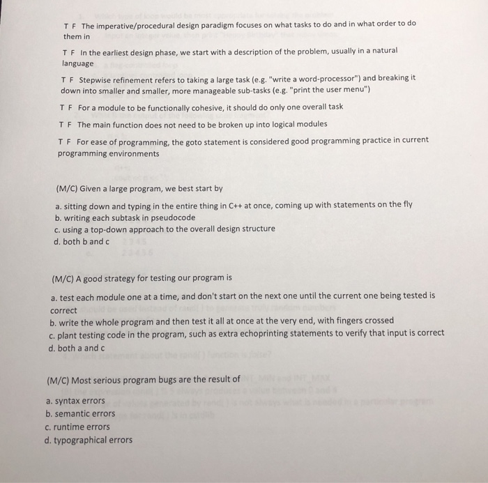 Solved TF The imperative/procedural design paradigm focuses | Chegg.com
