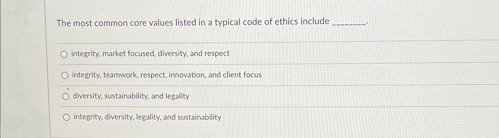 Solved The most common core values listed in a typical code | Chegg.com