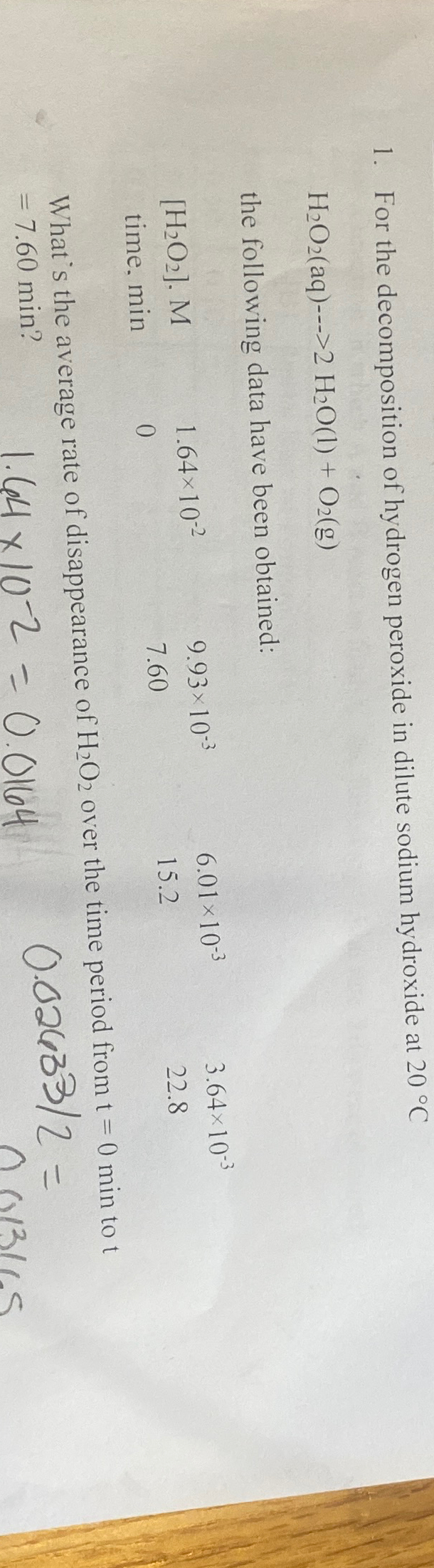 Solved For the decomposition of hydrogen peroxide in dilute | Chegg.com