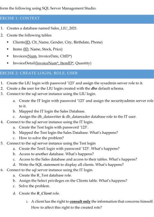 Solved EXERCISE 1: CONTEXT1. Creates a database named | Chegg.com
