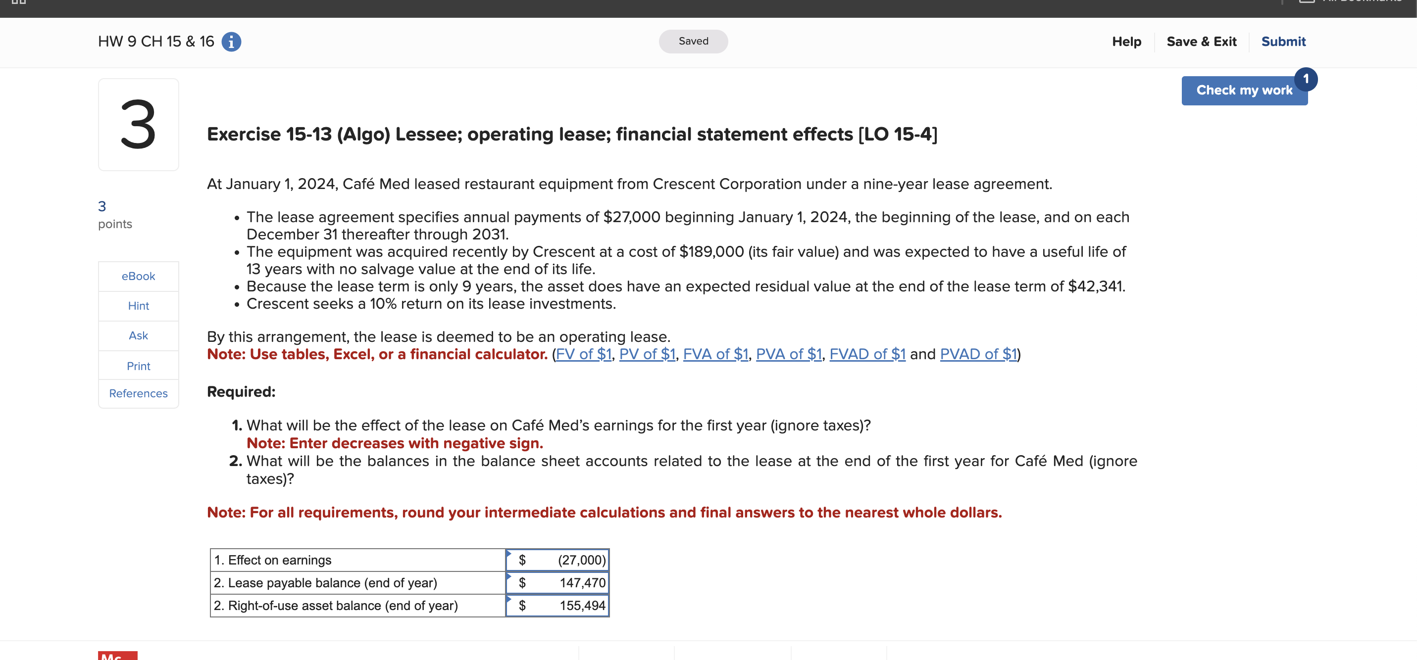 Solved Exercise 15-13 (Algo) ﻿Lessee; operating lease; | Chegg.com