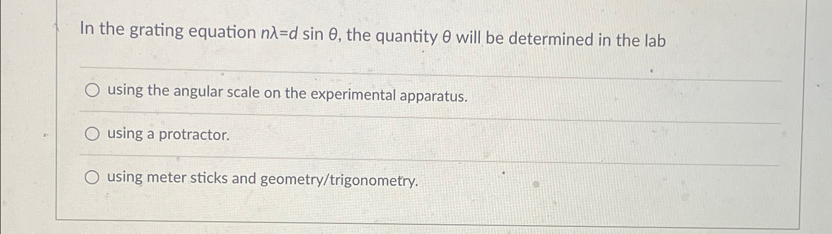 Solved In the grating equation nλ=dsinθ, ﻿the quantity θ | Chegg.com