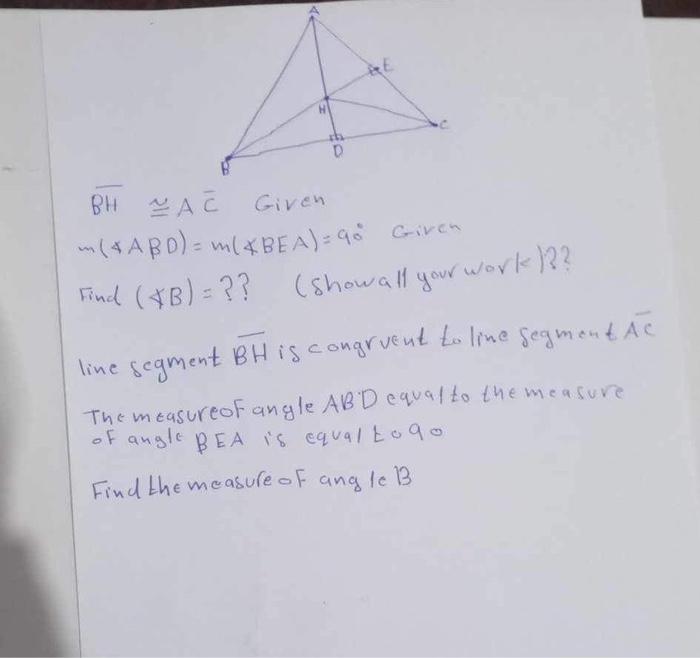 Solved BH≅ACˉ Given \[ m(\varangle A B D)=m(\varangle B E | Chegg.com