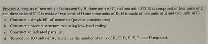 Solved Product A consists of two units of subassembly B, | Chegg.com