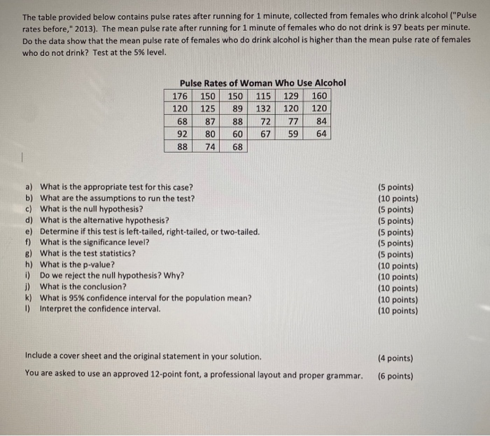 Solved The table provided below contains pulse rates after | Chegg.com