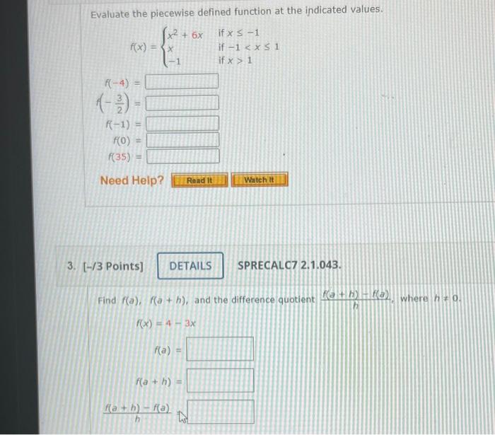 Solved Evaluate the piecewise defined function at the | Chegg.com